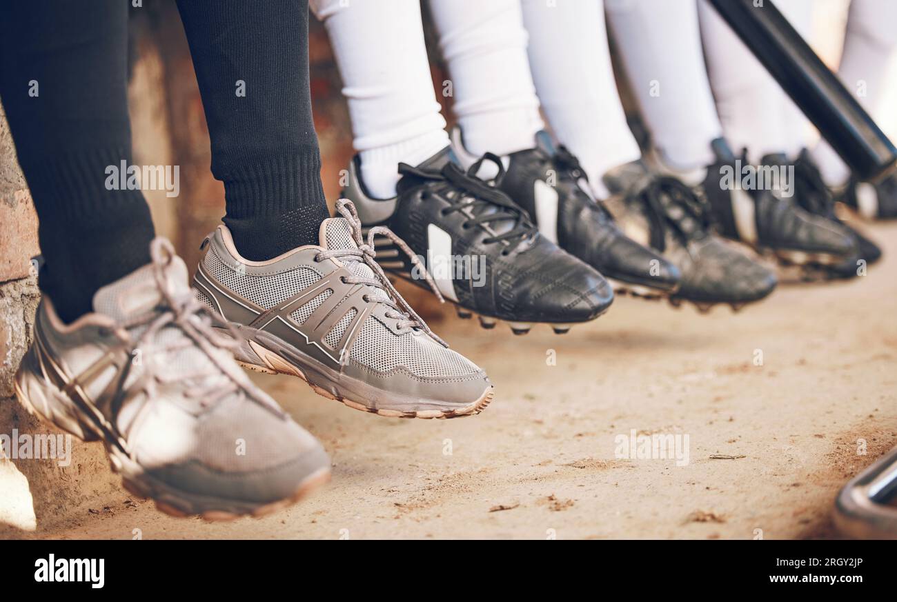 Shoes, softball and sports, team and fitness with competition, people ...