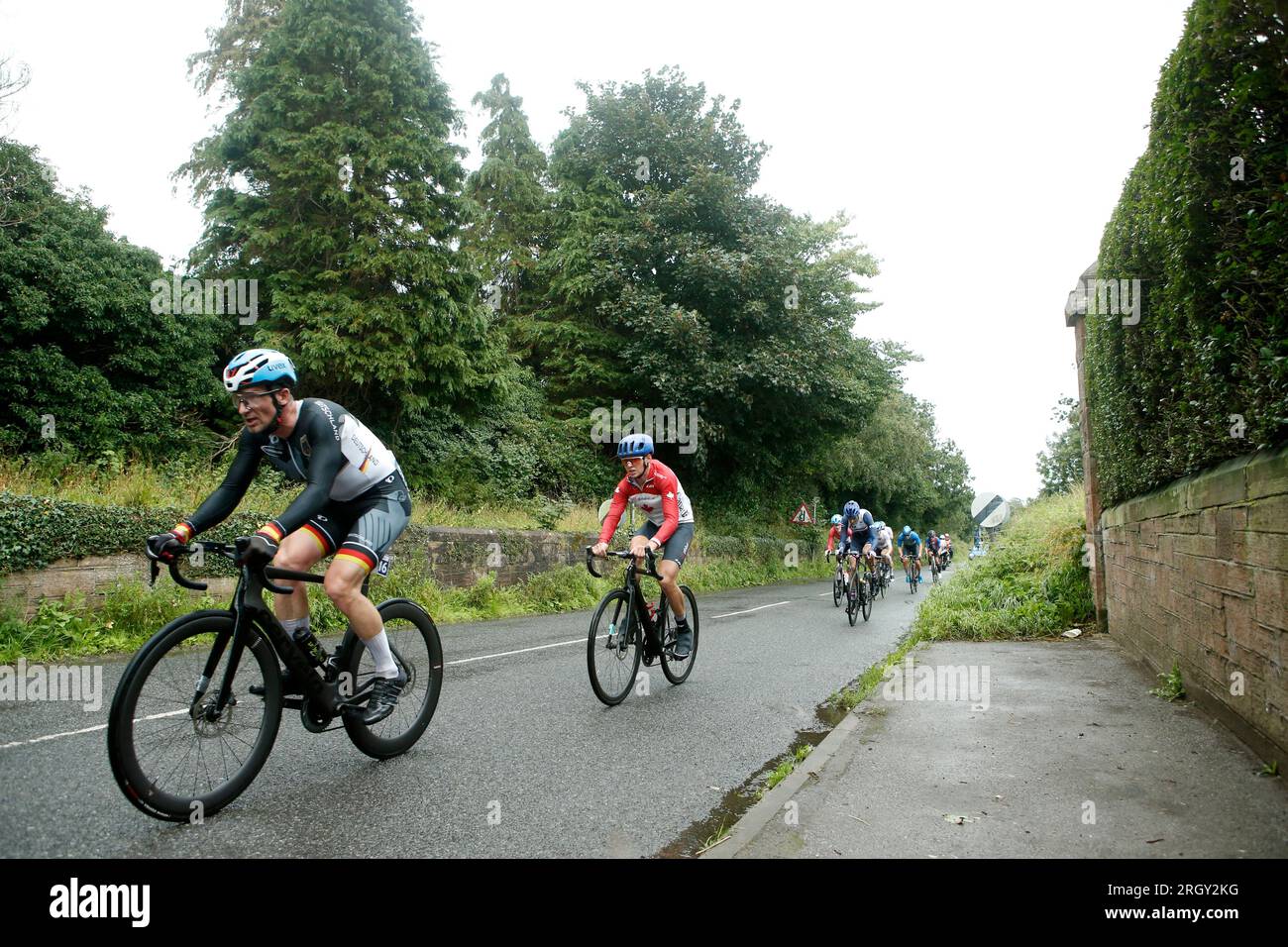 A general view as Germany's Matthias Schindler leads the peloton in the ...