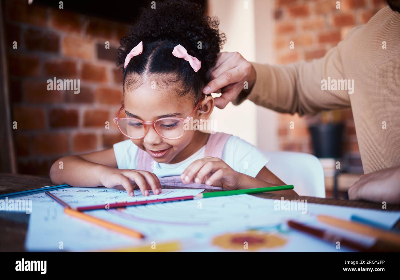 Homework, drawing and child at home with parent, care and learning for ...