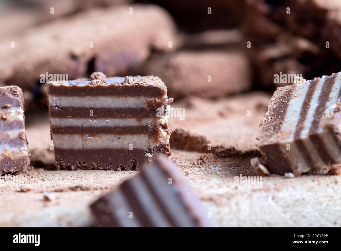 multi-layered sweets made of cream and chocolate layers with different ...