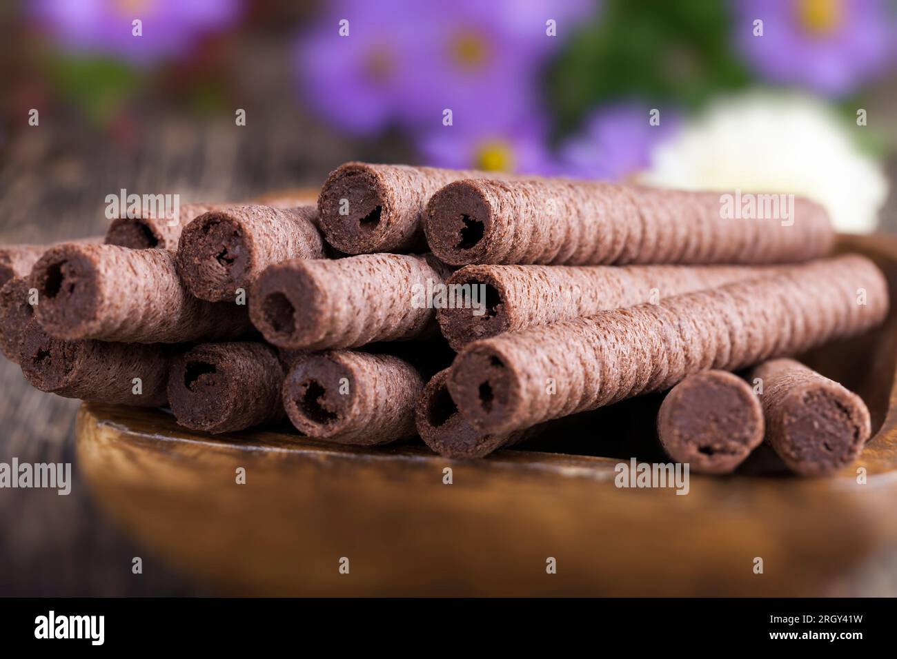 chocolate tubes with chocolate filling, dessert of chocolate waffle ...
