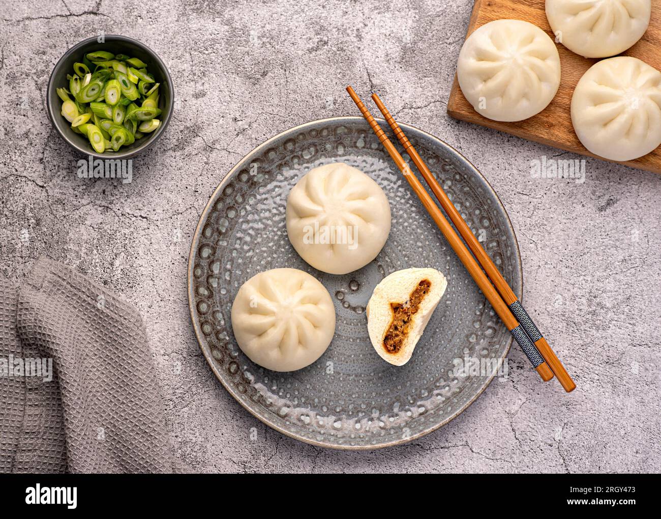 Food photography of steamed bun, bao, duck meat, spring onion, chinese ...