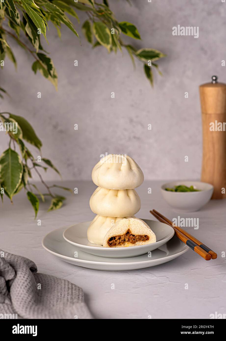 Food photography of steamed bun, bao, duck meat, spring onion, chinese ...