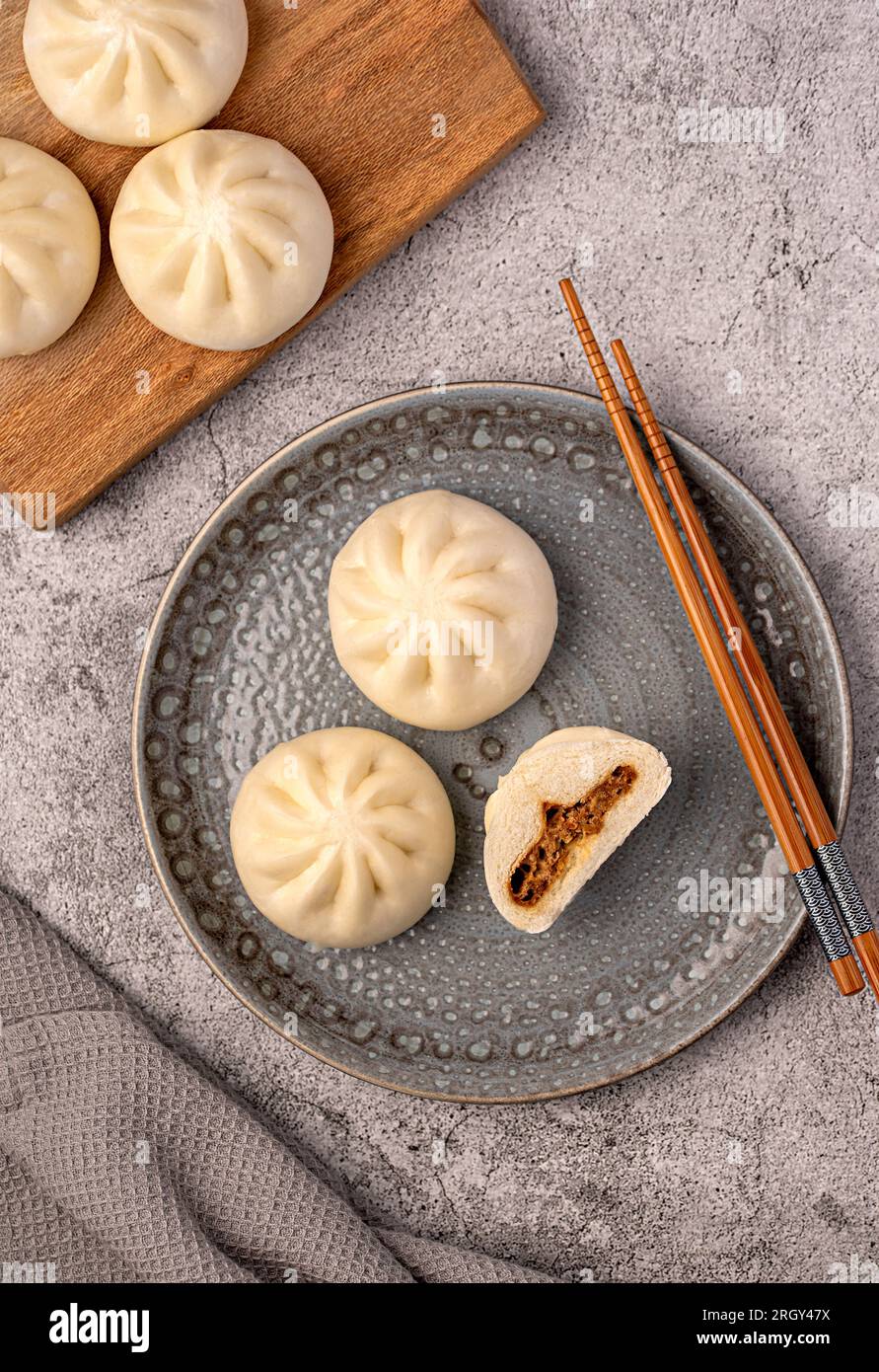 Food photography of steamed bun, bao, duck meat, chinese, dough ...