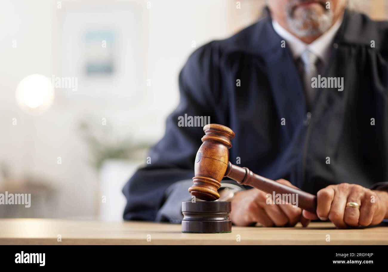 Closeup, hands and judge with a gavel of law, rule for order and ...