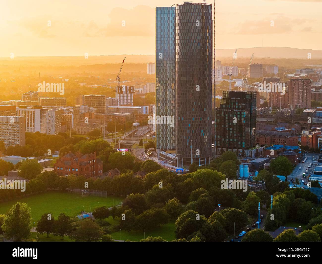 Panoramic Aerial View of Manchester Skyline on a beautiful sunset hours ...