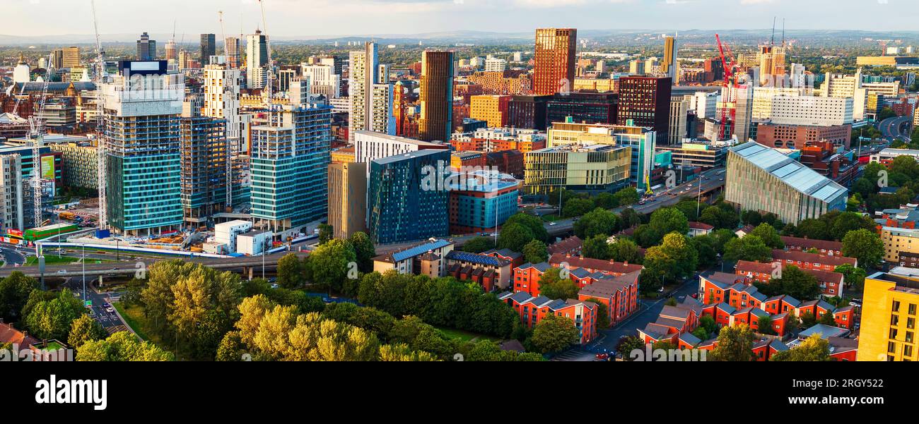 Panoramic Aerial View of Manchester Skyline on a beautiful sunset hours ...