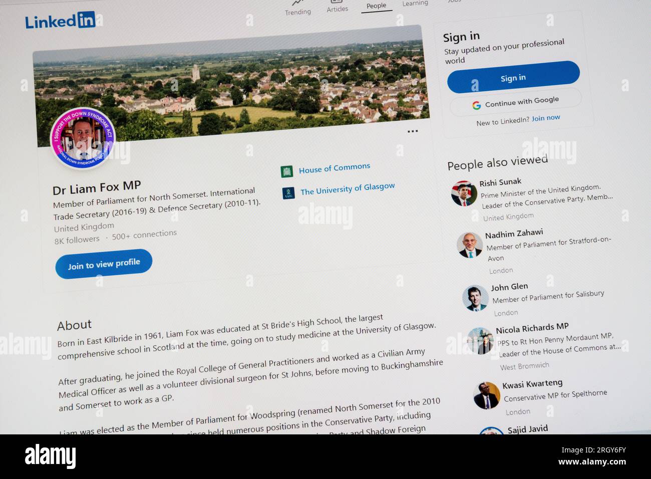 The LinkedIn site of Liam Fox, MP for North Somerset Stock Photo - Alamy