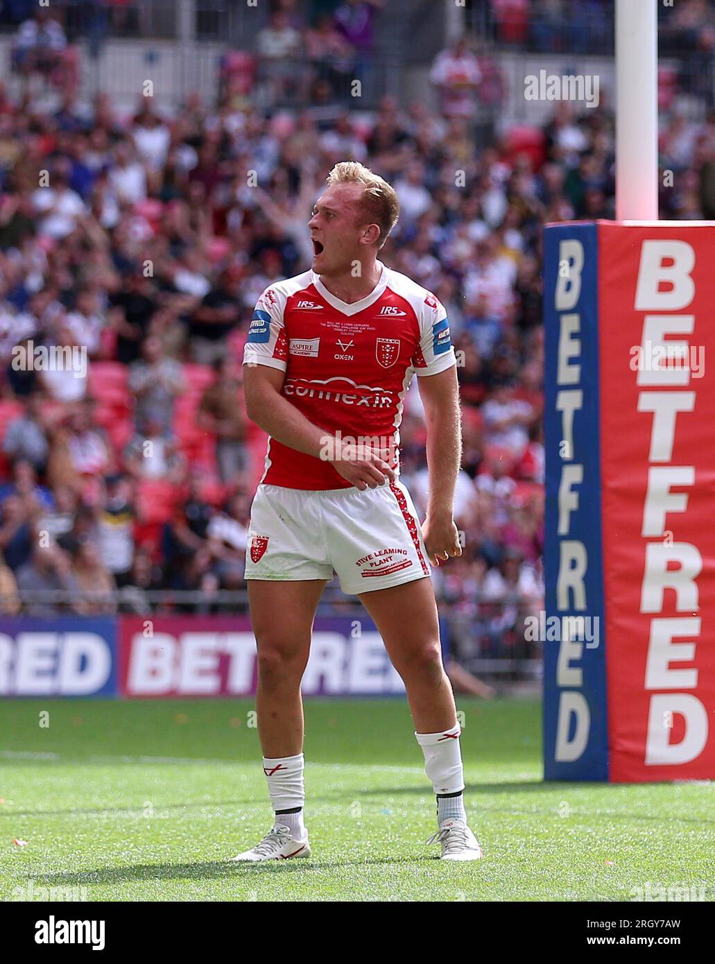 Hull KR's Jez Litten celebrates after scoring the first try of the game ...