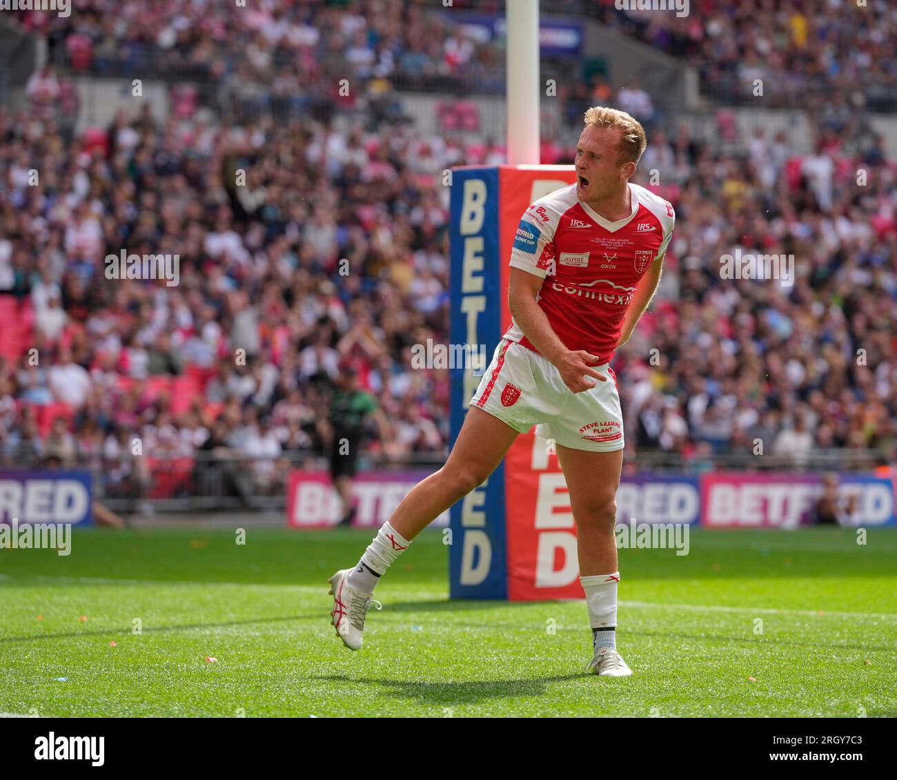 Jez Litten #14 of Hull KR celebrates scoring a tryduring the Betfred ...