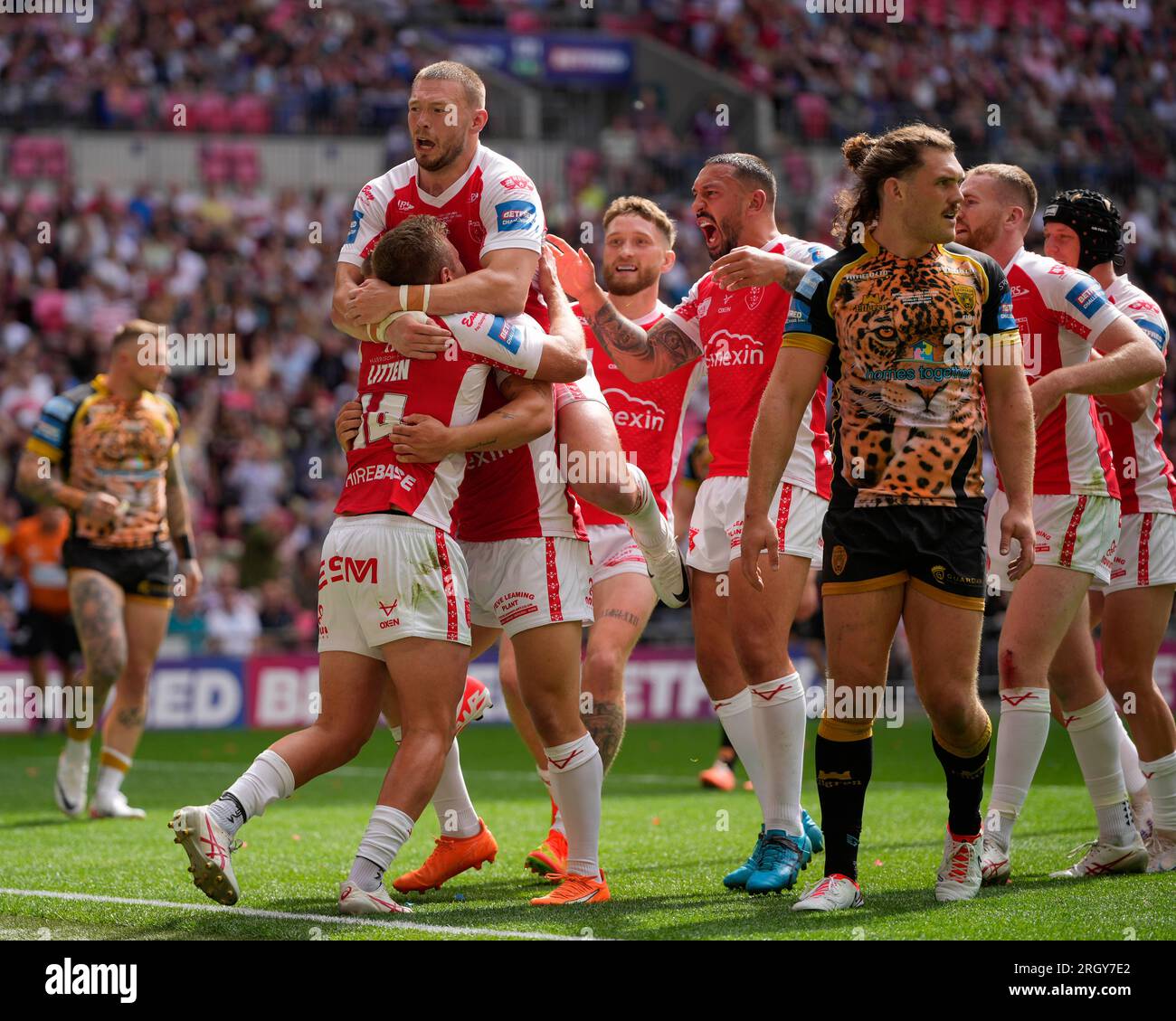 Jez Litten #14 of Hull KR celebrates scoring a try during the Betfred ...