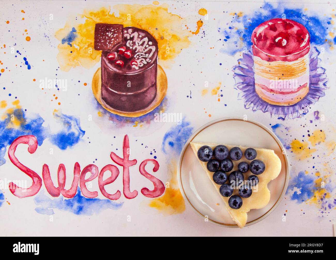 Homemade cheesecake decorated with blueberry over on watercolor drawing ...