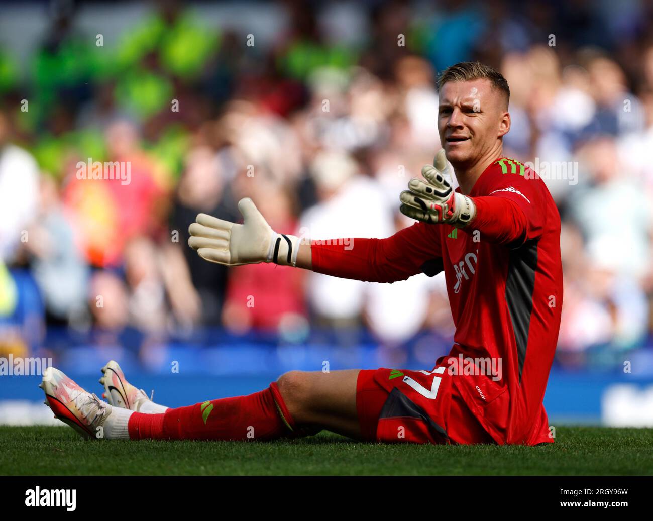 Fulham goalkeeper Bernd Leno appeals after being fouled during the ...