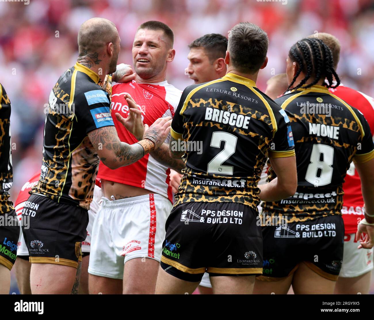 Leigh Leopards' Zak Hardaker (left) and Hull KR's Shaun Kenny-Dowall ...