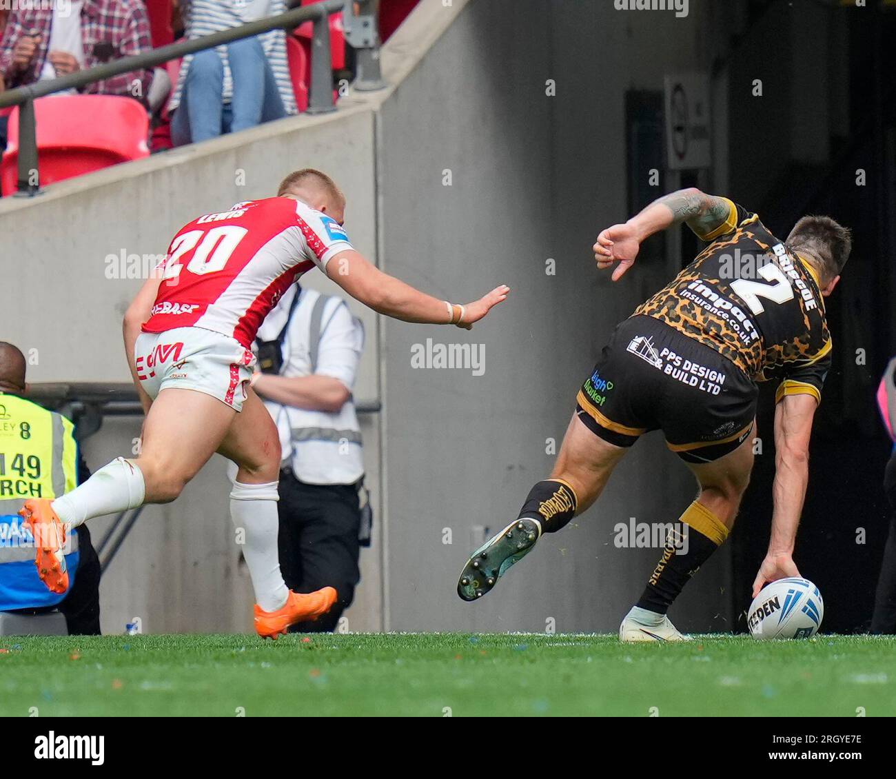 Tom Briscoe #2 of Leigh Leopards scores a try during the Betfred ...