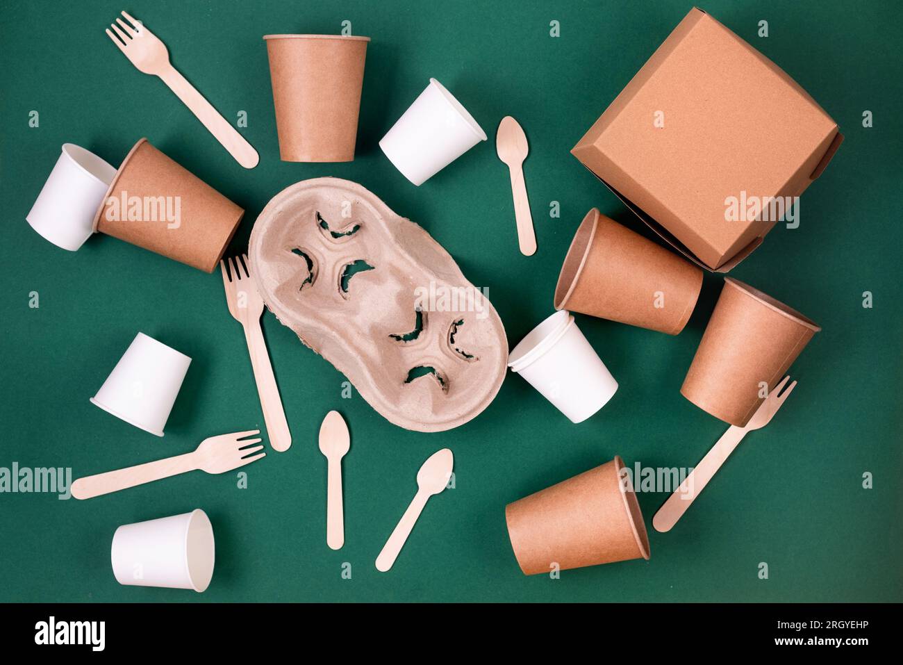 disposable paper cups, launch box, wooden cutlery. Kraft paper food ...