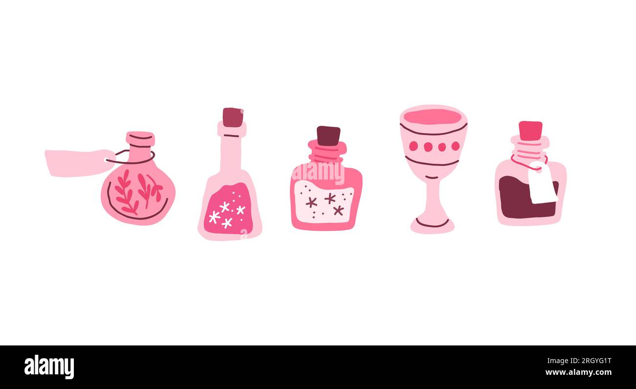 Vector set of pink goblets, witch potion bottles on white. Wizard ...