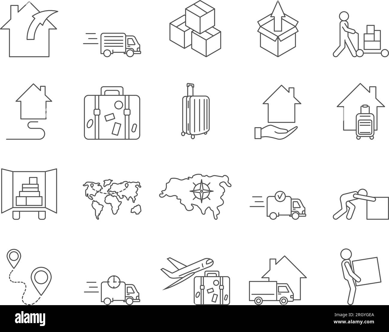 Moving and Relocation Icons Set. Moving House, Luggage, Airplane ...
