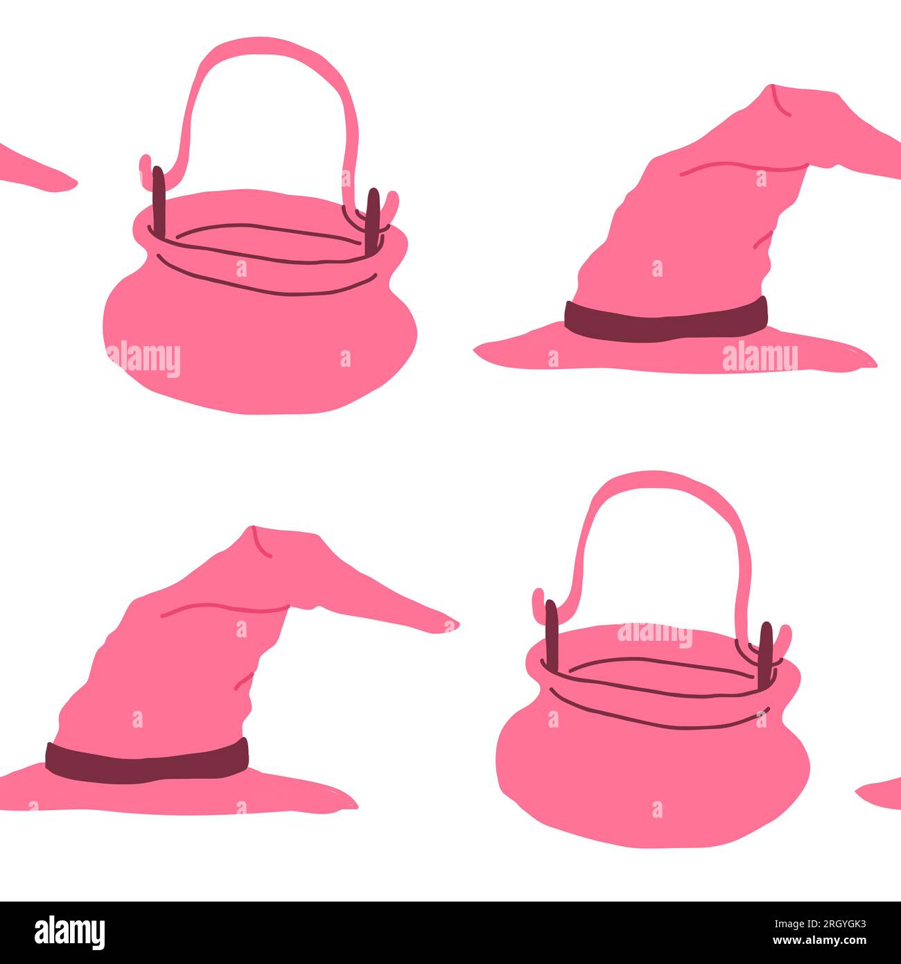 Pink Halloween pattern on white. Witch cauldron, witch hat. Wizard ...