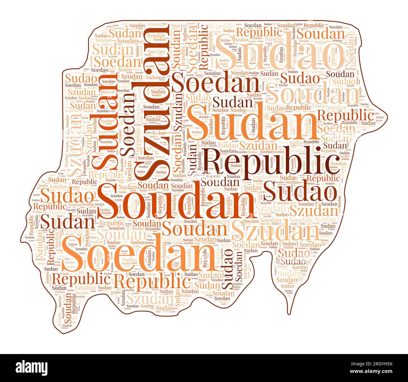Sudan shape filled with country name in many languages. Sudan map in ...