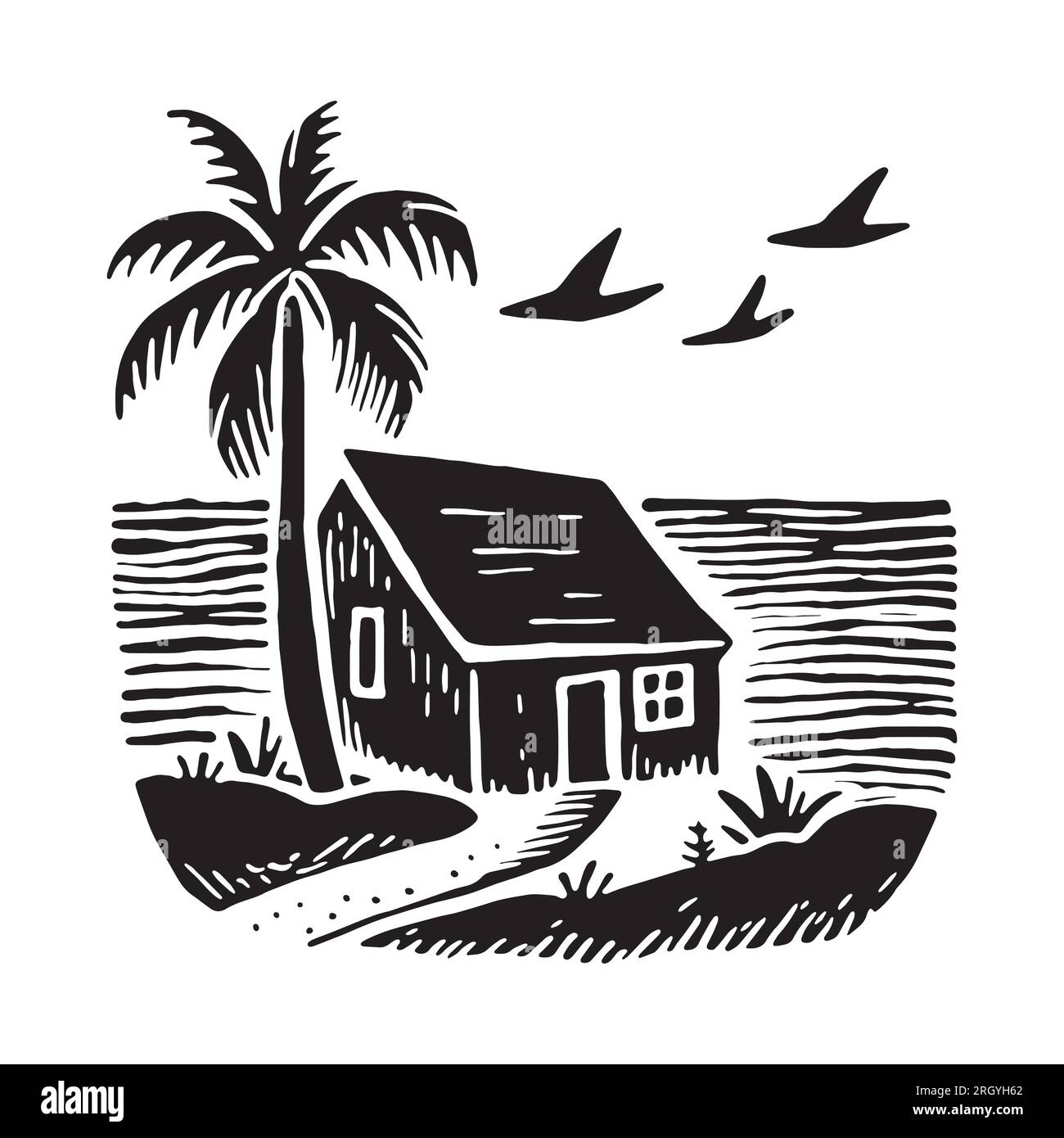 Whimsical beach hut block print illustration for tropical travel ...