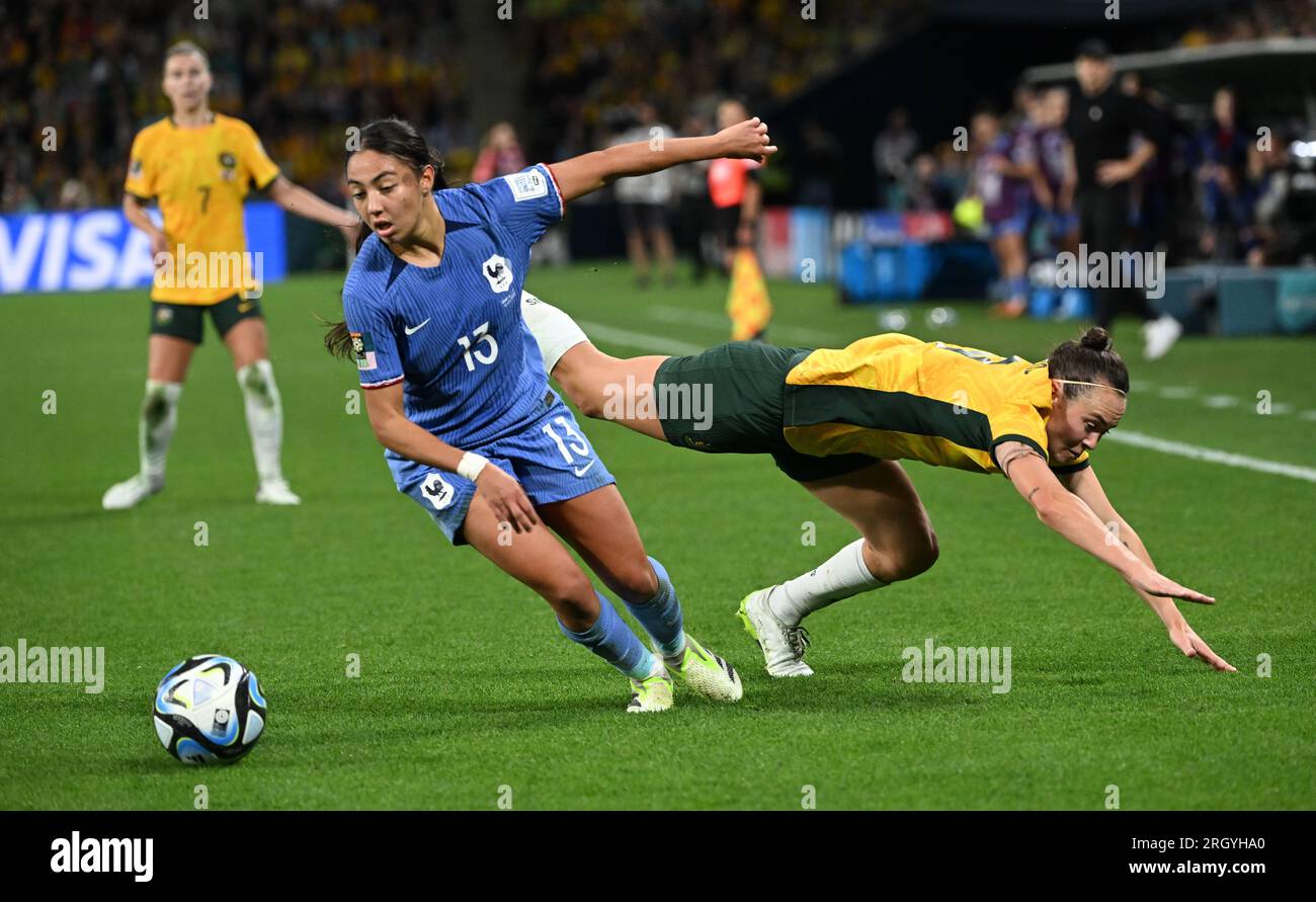 Brisbane, Australia. 12th Aug, 2023. Selma Bacha (left) of France gets ...