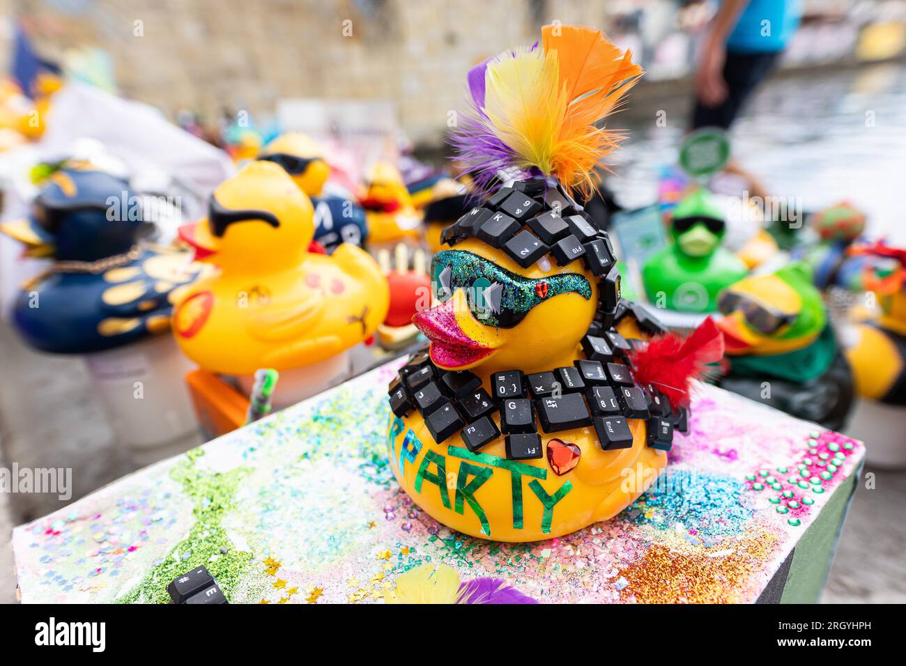Hanover, Germany. 12th Aug, 2023. Differently shaped "Big Ducks" stand ...