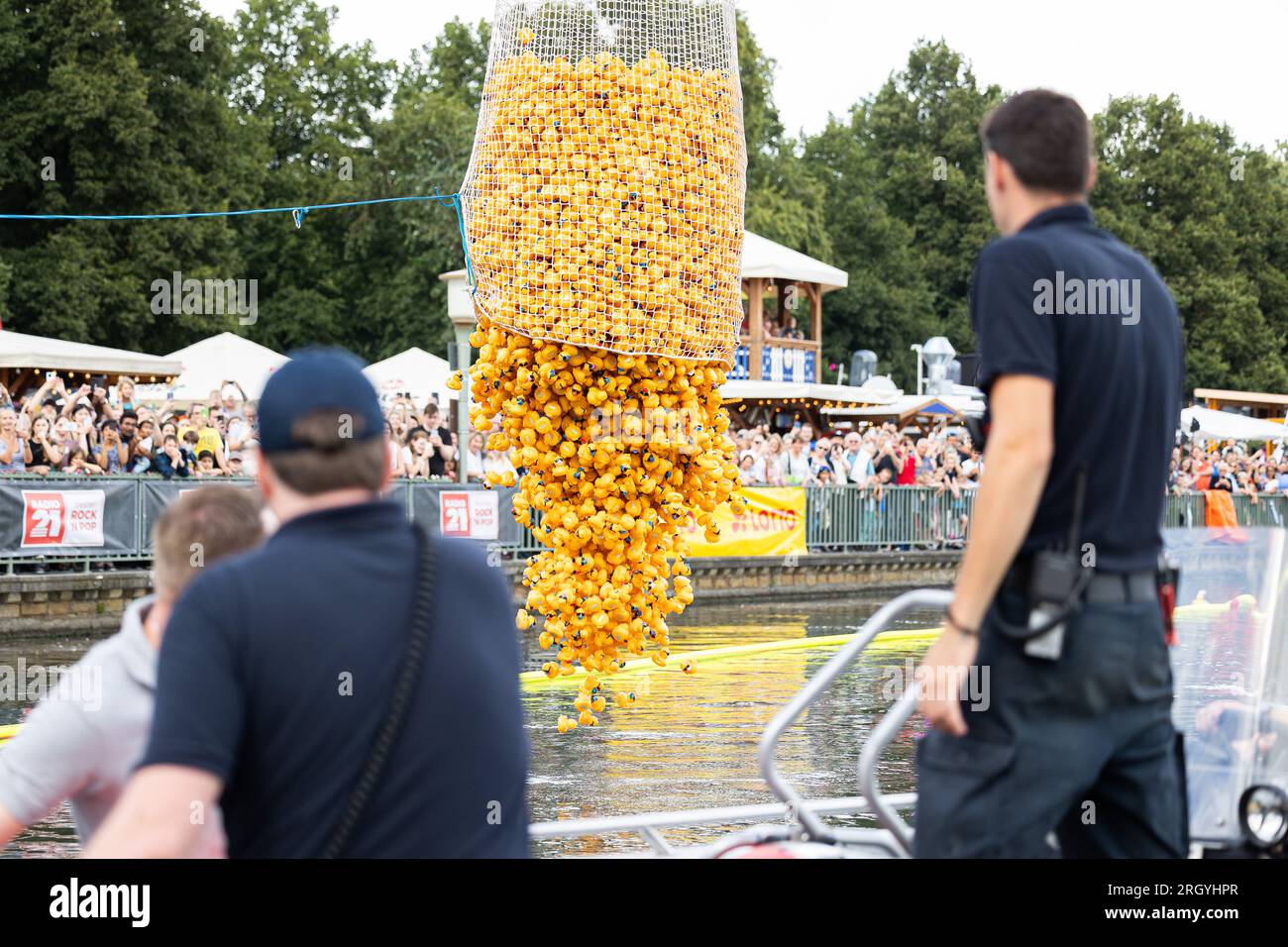 Hanover, Germany. 12th Aug, 2023. Yellow rubber ducks are released ...