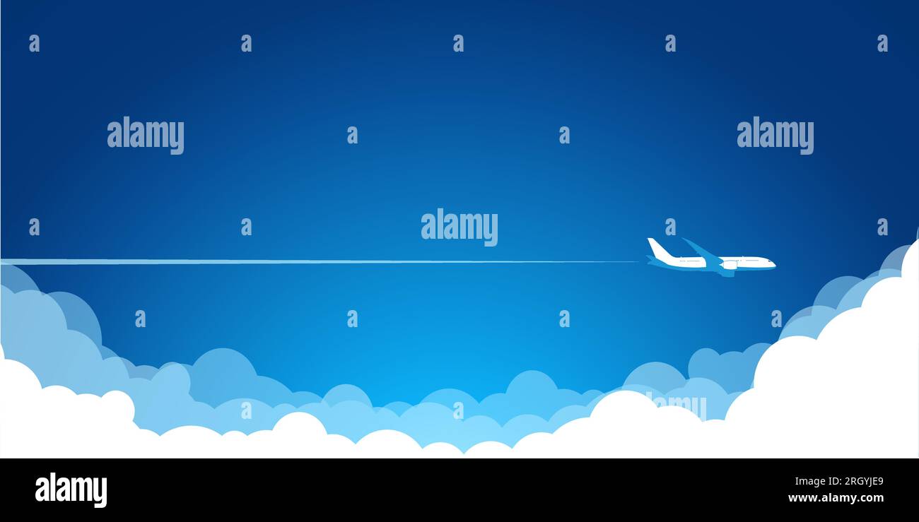 White plane in the blue sky flying above the clouds. Vector background ...