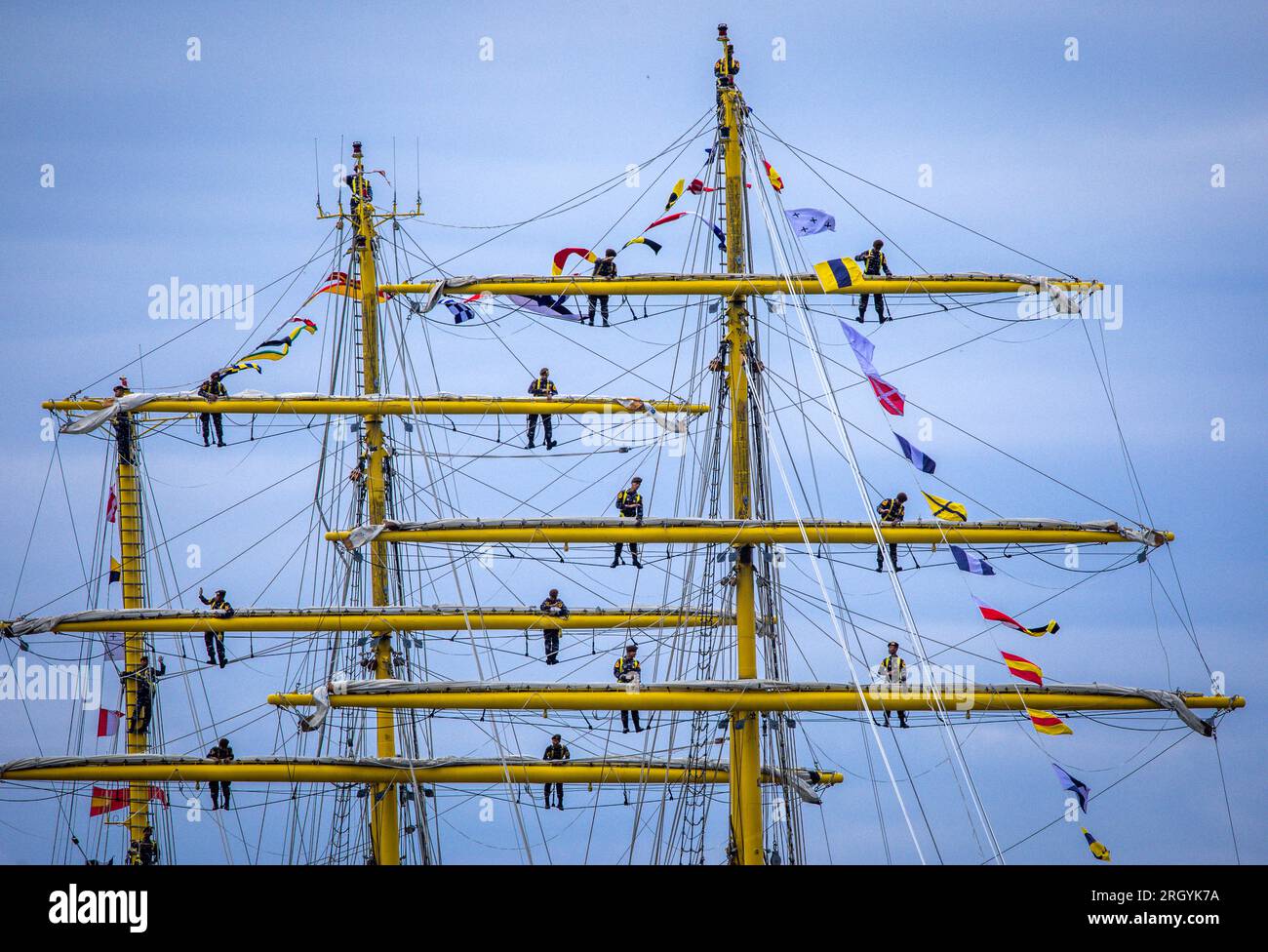 Rostock, Germany. 12th Aug, 2023. At the 32nd Hanse Sail sailors stand ...
