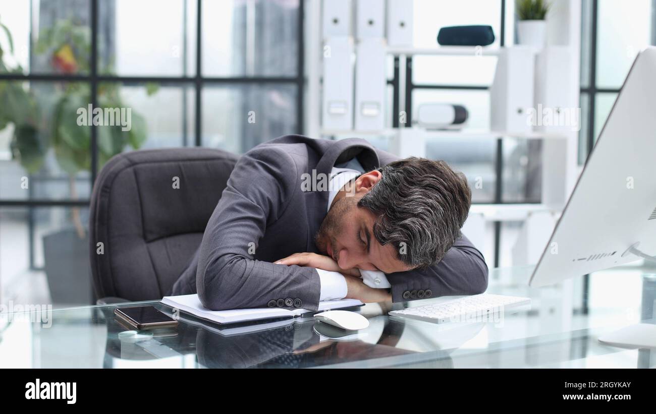 Sleeping, tired and business man in meeting for overworked, exhausted ...