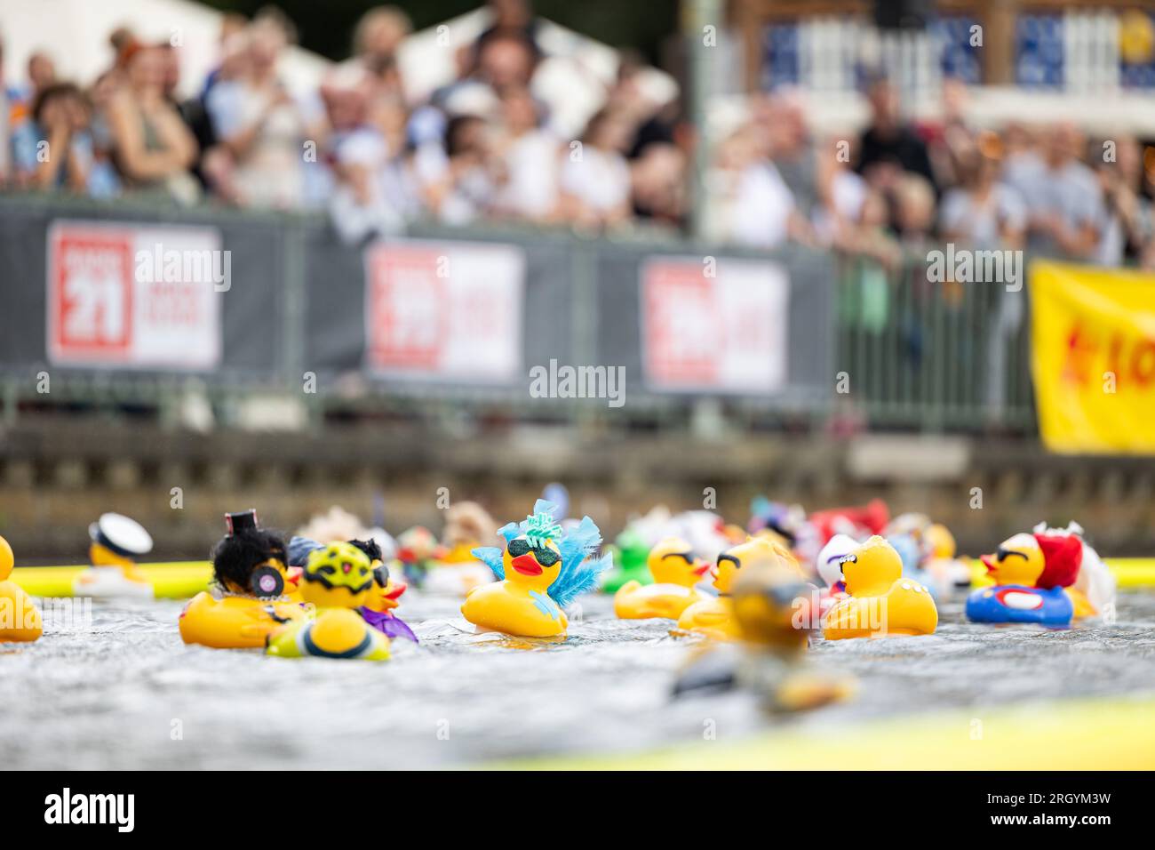 Hanover, Germany. 12th Aug, 2023. Differently shaped "Big Ducks" swim ...