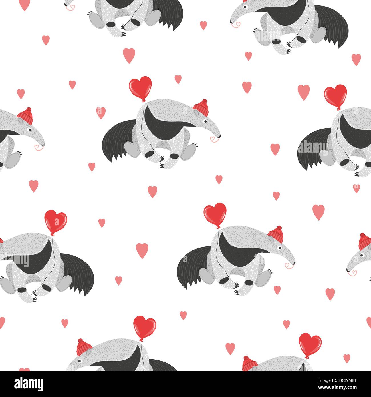 Seamless Pattern With Cute Ant Eater And Hearts Valentines Day Vector Illustration Stock Vector