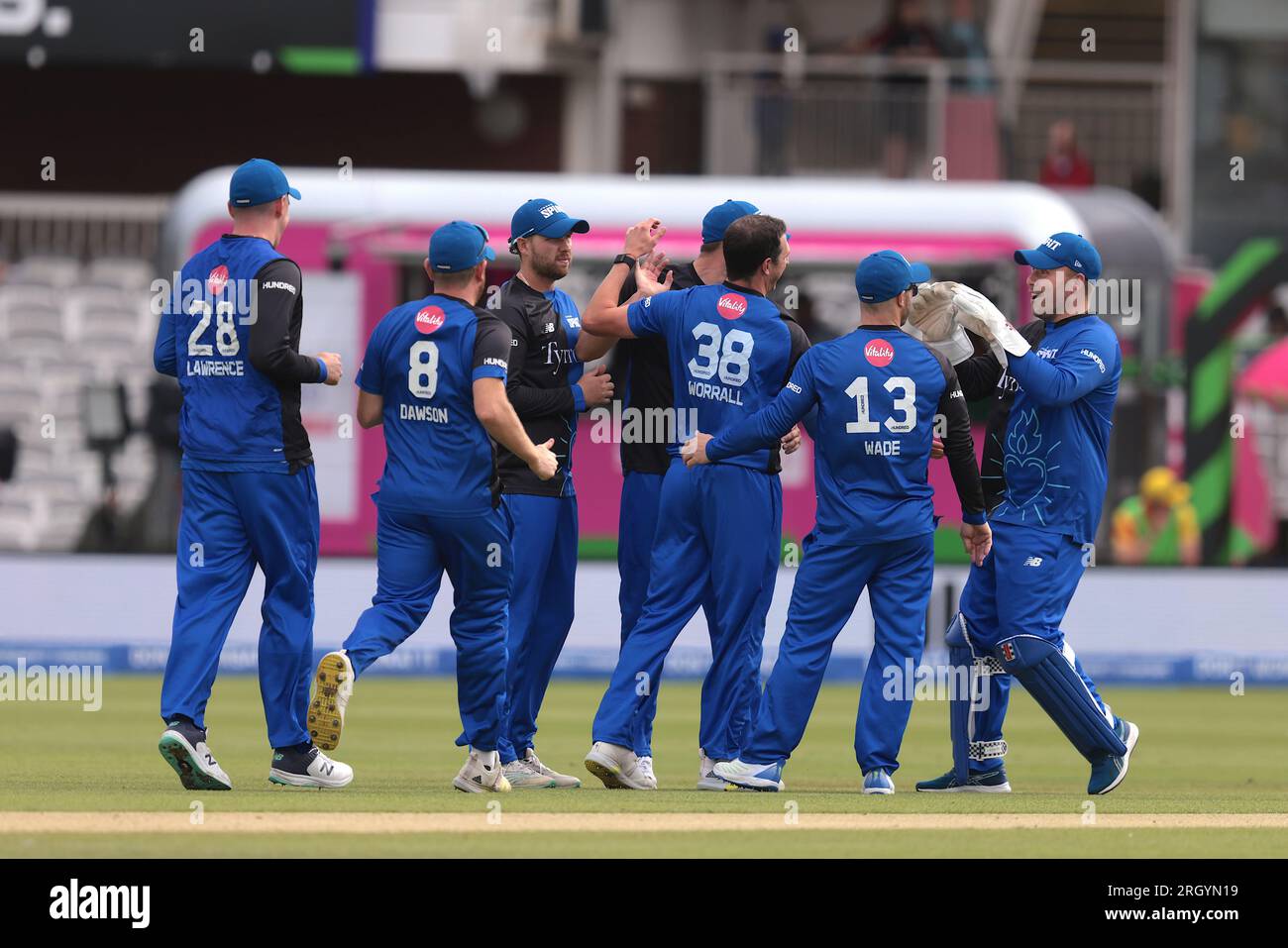 London, UK. 12th Aug, 2023. London Spirit's Dan Worrall celebrates ...