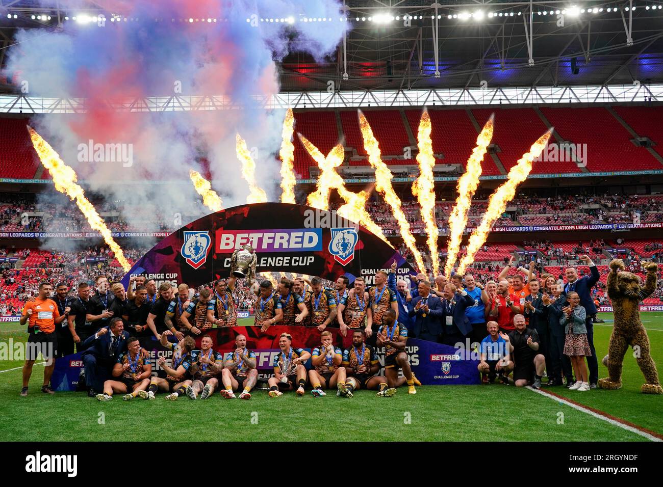 London, UK. 12th Aug, 2023. Leigh Leopards lifts the BetFred Challenge ...