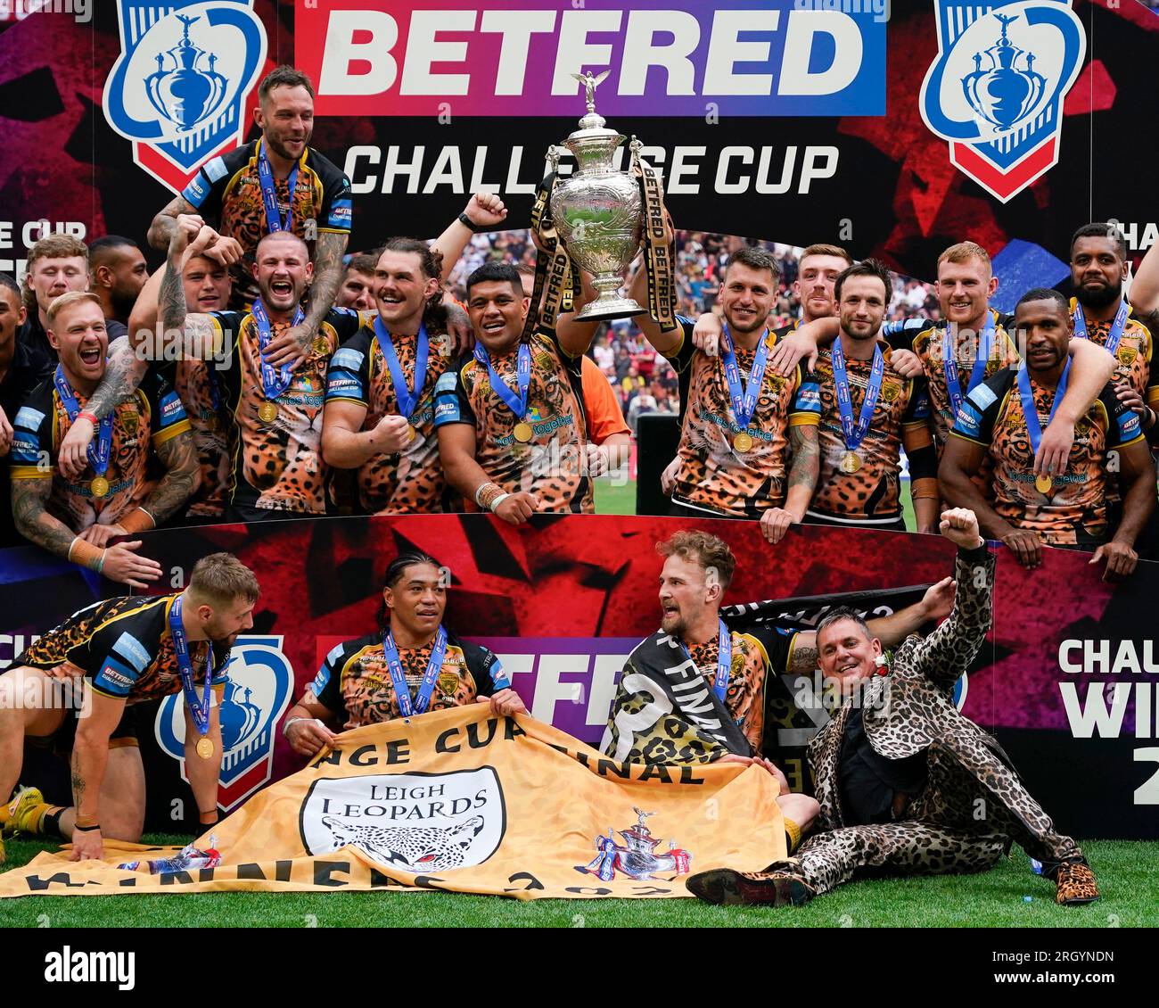 London, UK. 12th Aug, 2023. Leigh Leopards lifts the BetFred Challenge ...
