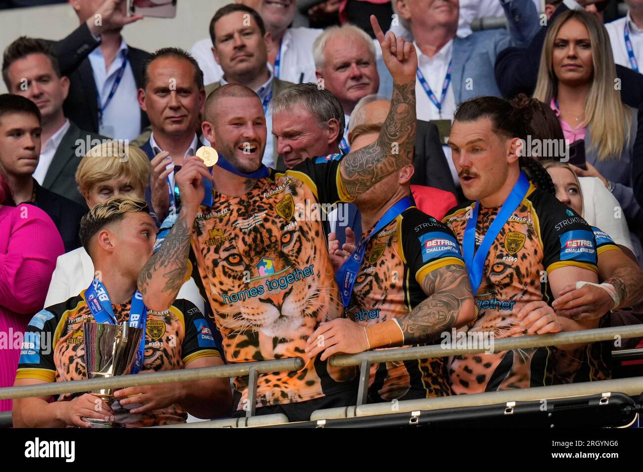 Zak Hardaker #1 of Leigh Leopards shows off his medal after the Betfred ...