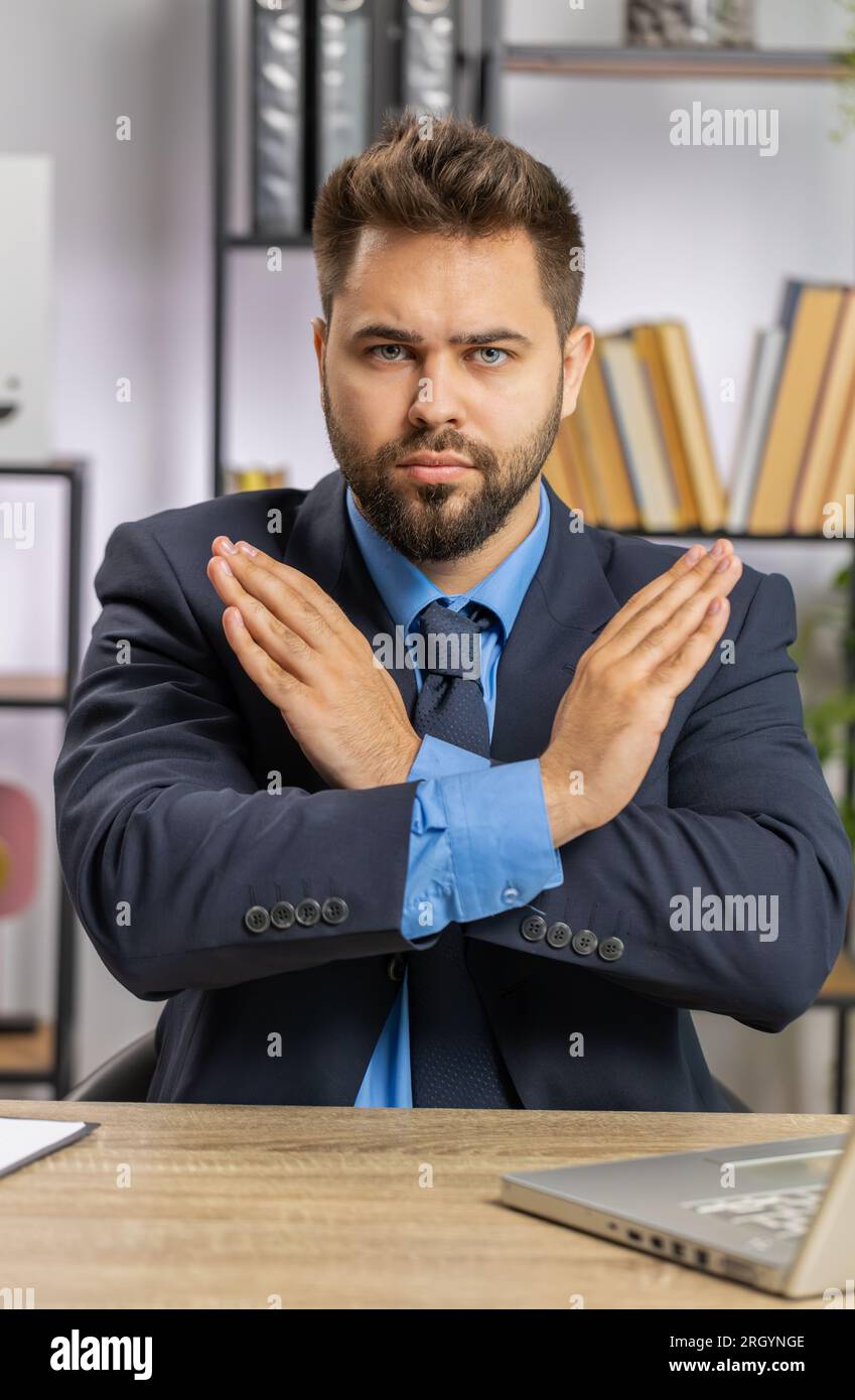 Stop. Caucasian businessman guy working on laptop, warning of finish ...
