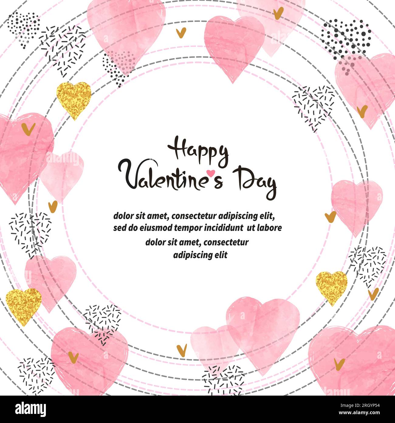 Valentines Day card design. Circle frame with watercolor pink hearts ...