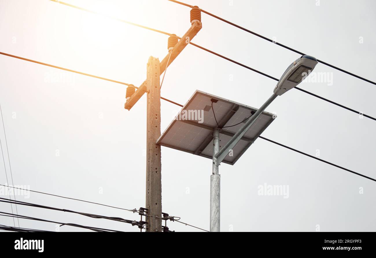 Street lighting pole with photovoltaic panel and LED lamp lights Stock ...