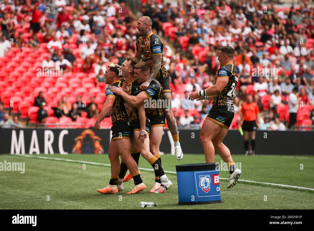 London, UK. 12th Aug, 2023. Lachlan Lam of Leigh Leopards scores a try ...