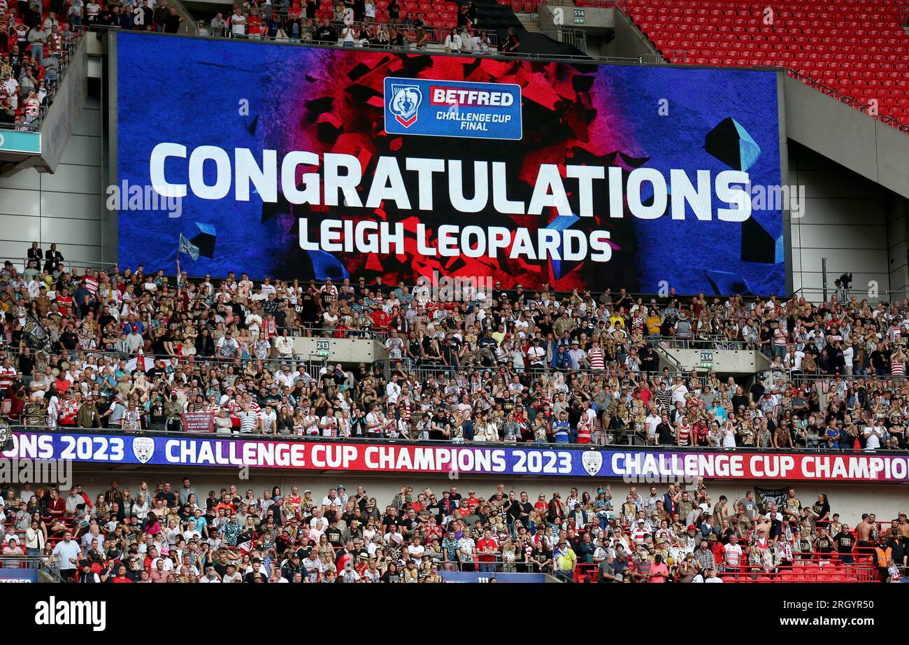 The stadiums big screen congratulates the winners, Leigh Leopards ...