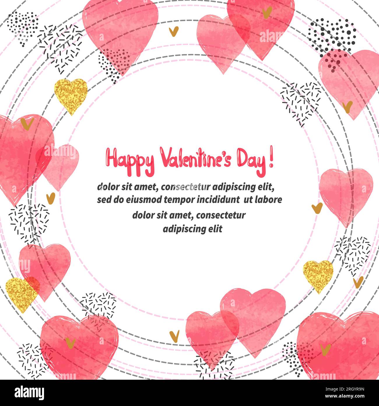 Valentines Day card design. Circle frame with watercolor red hearts ...