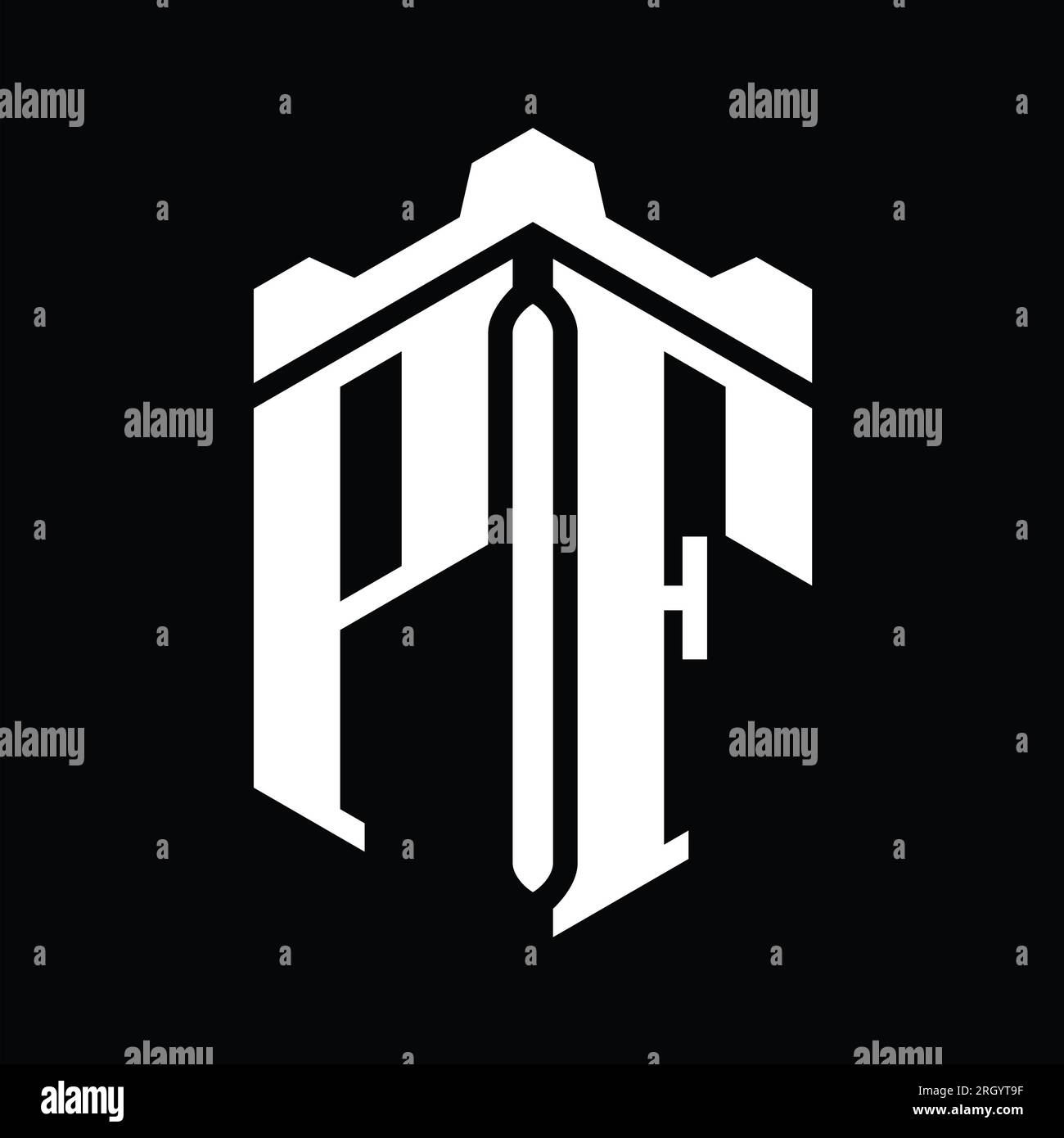PF Letter Logo monogram hexagon shape with crown castle geometric style ...