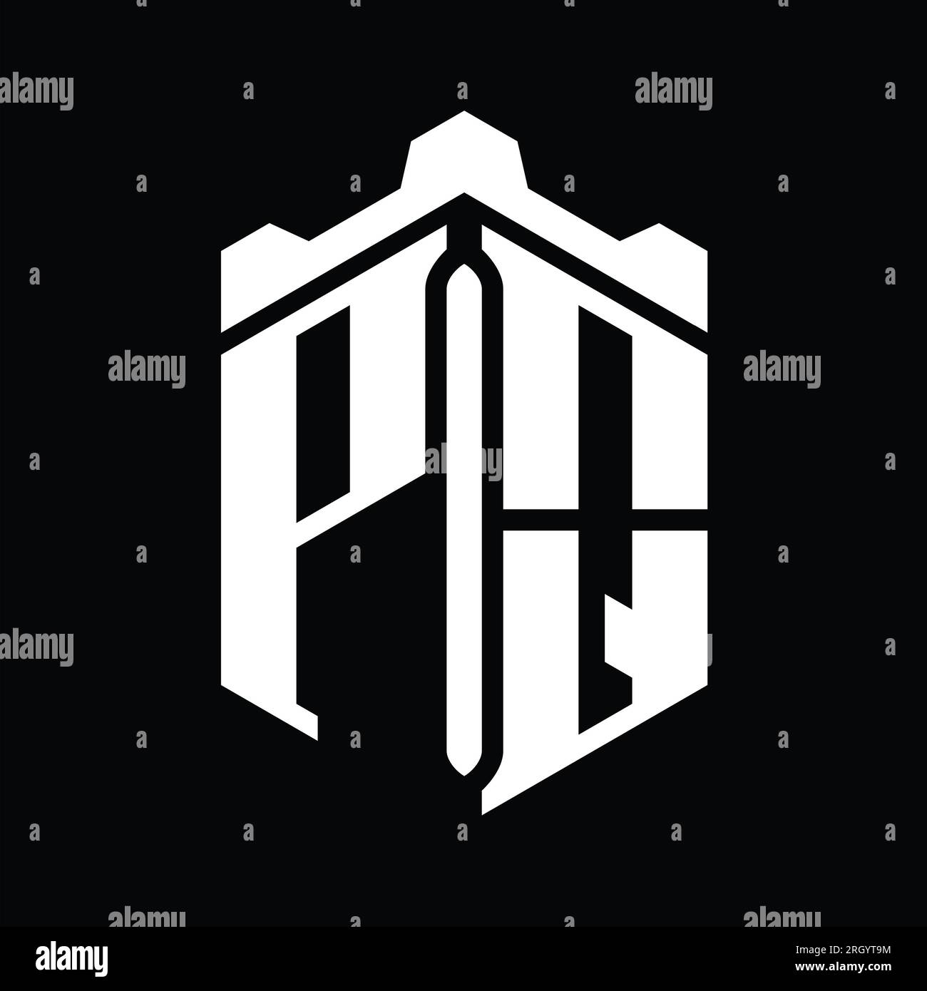 PQ Letter Logo monogram hexagon shape with crown castle geometric style ...