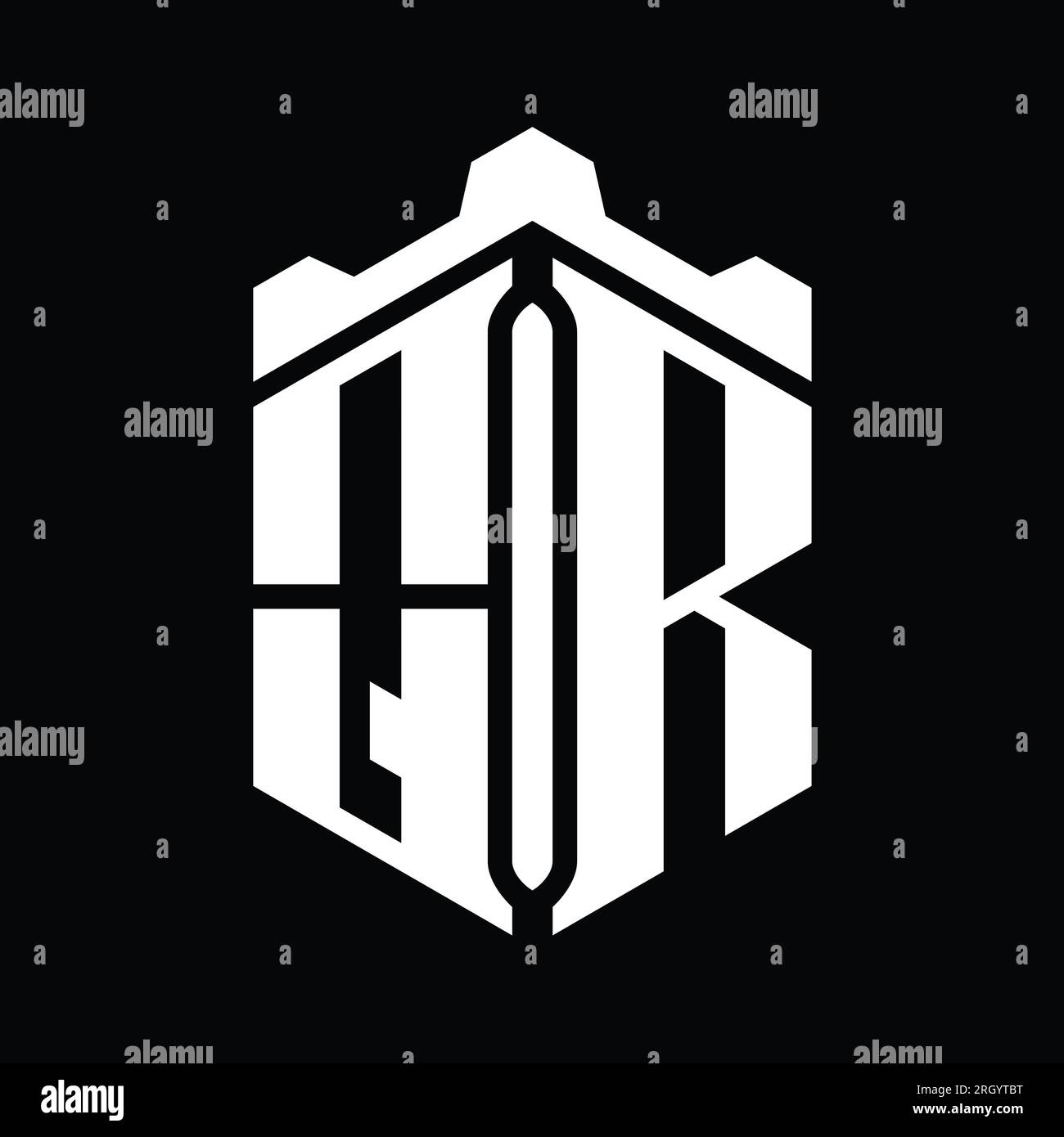 QR Letter Logo monogram hexagon shape with crown castle geometric style ...