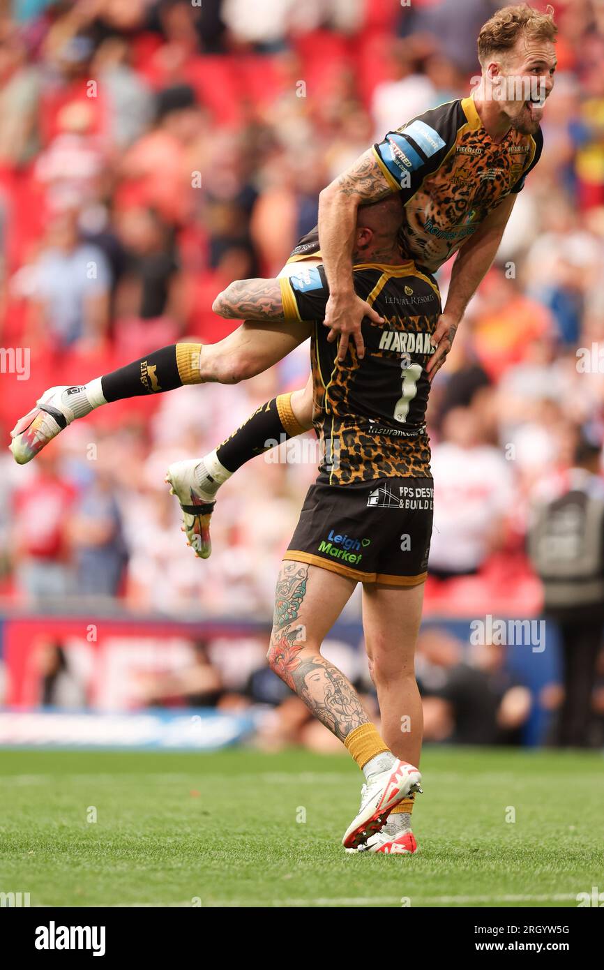 London, UK. 12th Aug, 2023. Zak Hardaker of Leigh Leopards and Ben ...