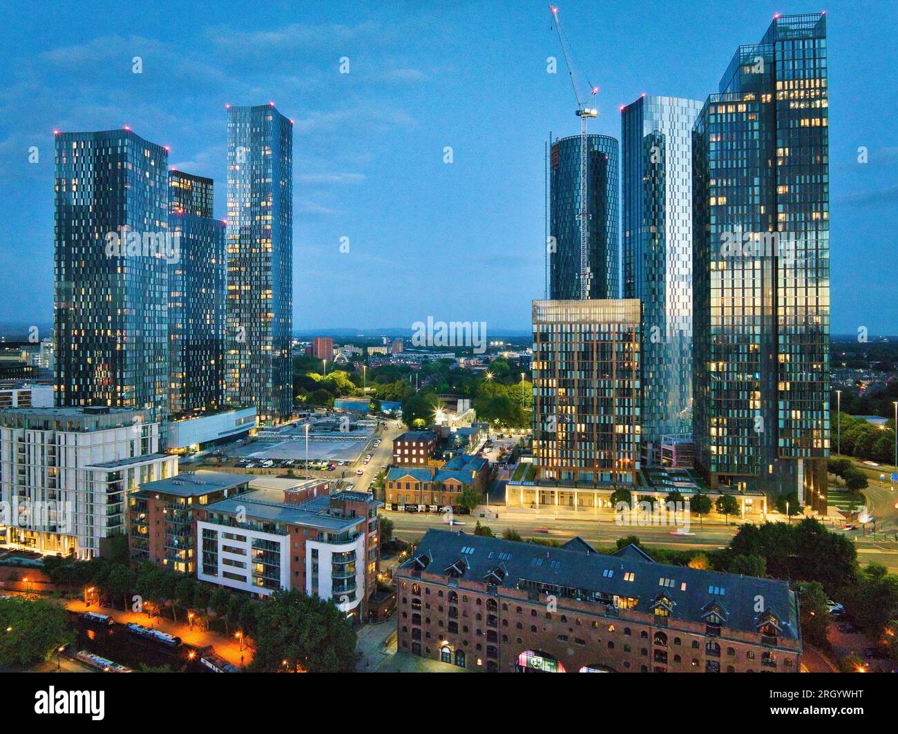 Aerial photo of Manchester skyscrapers and new development taken from ...