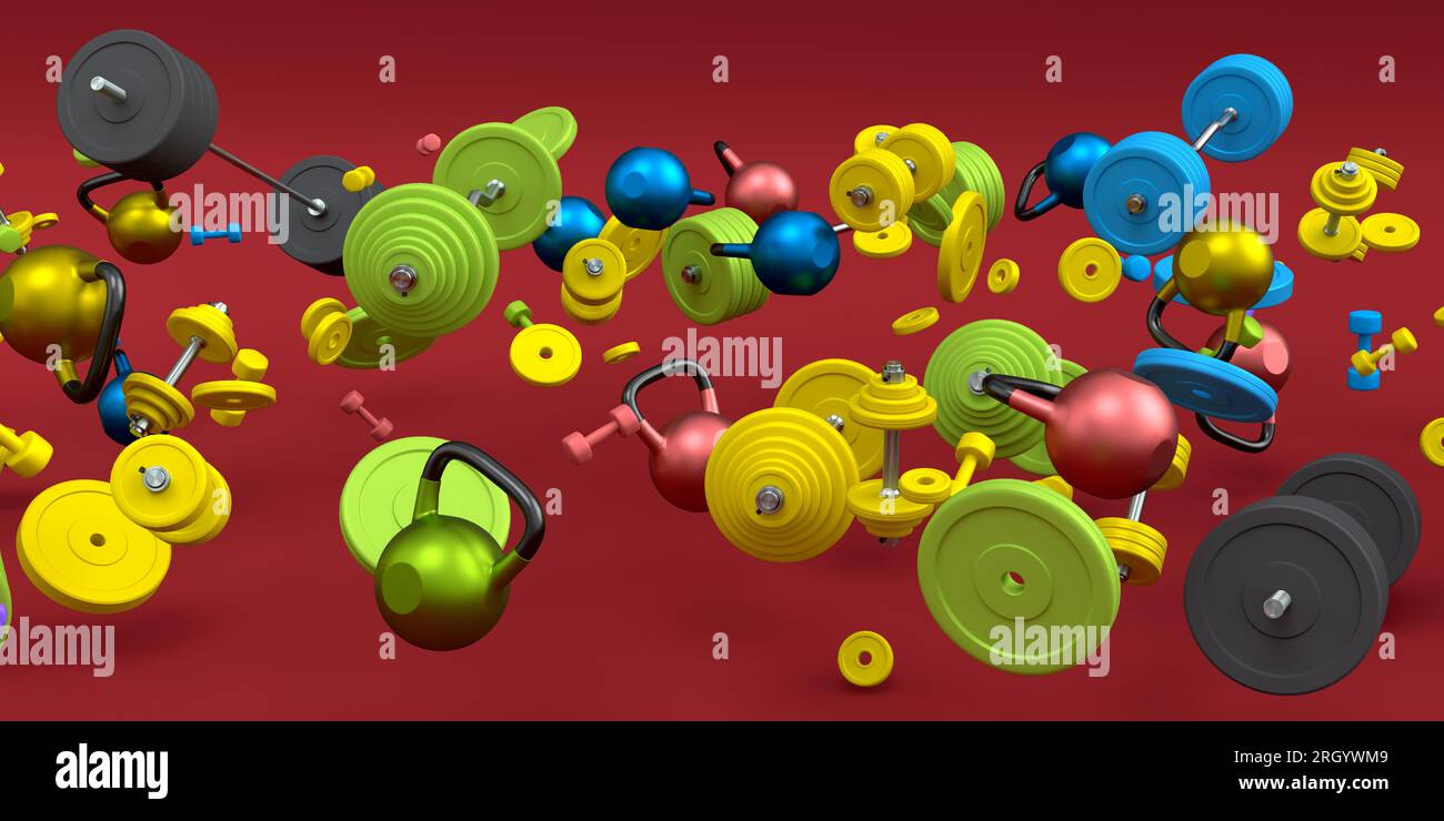 Flying and folling sport equipment like kettlebell, barbell and ...