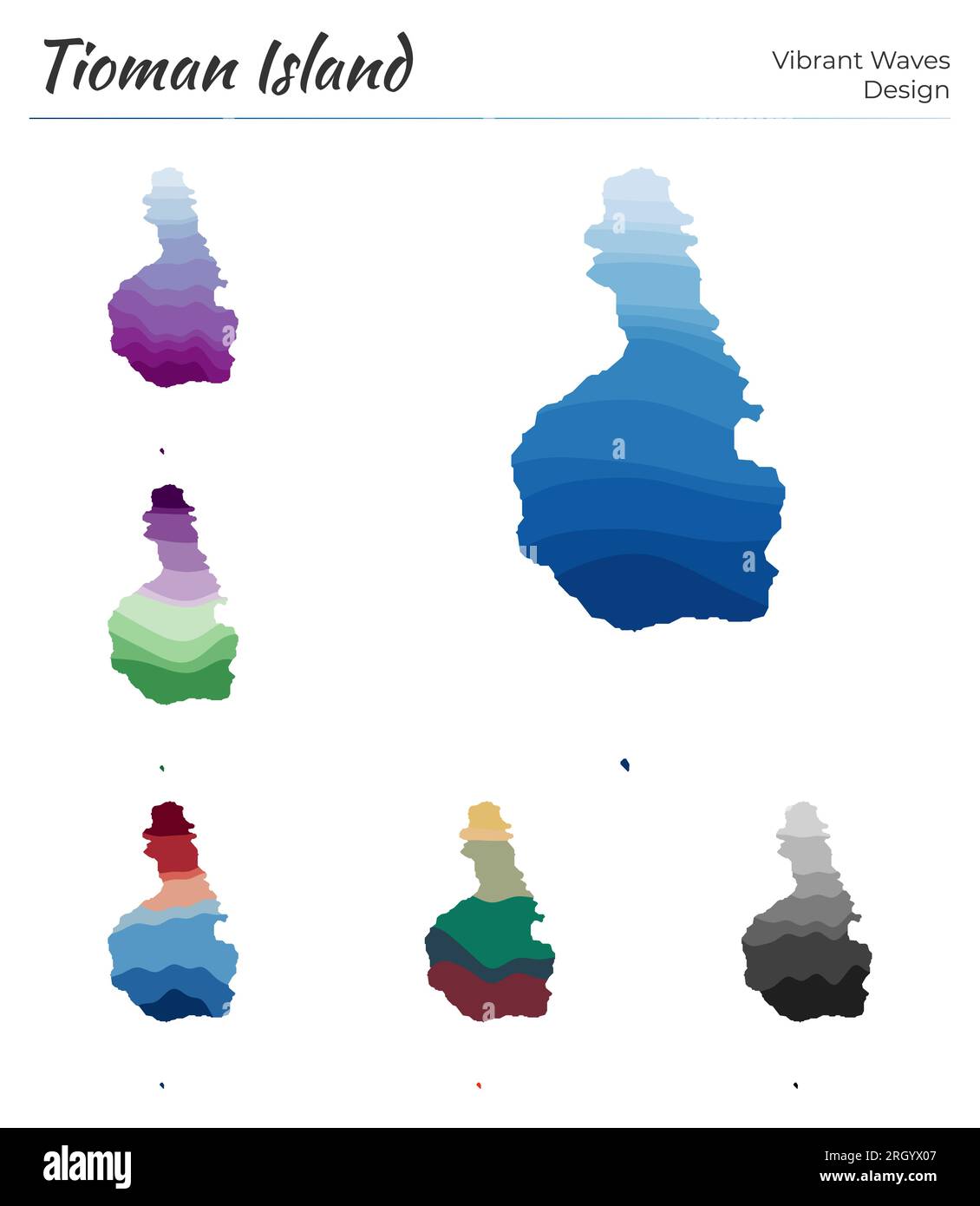 Set of vector maps of Tioman Island. Vibrant waves design. Bright map in geometric smooth curves ...